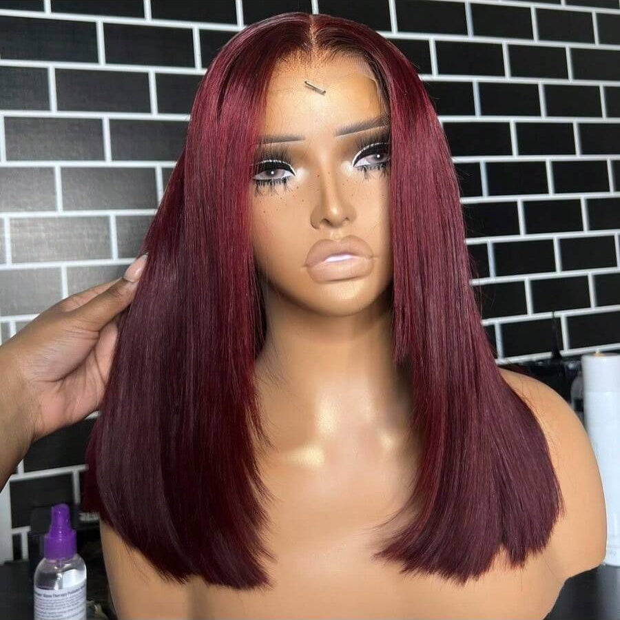 Peruvian Double Drawn Lace 4x4 Closure Bob Straight Wig #99J Maroon Co ...